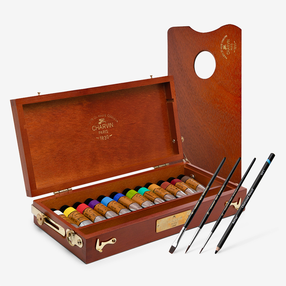 Charvin : Artist Oil Paint : 20ml : Wooden Box : Set of 12 with Brushes ...